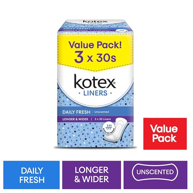 KOTEX Liners Longer & Wider Unscented (30 pcs x 3 Pack) | Shopee Malaysia