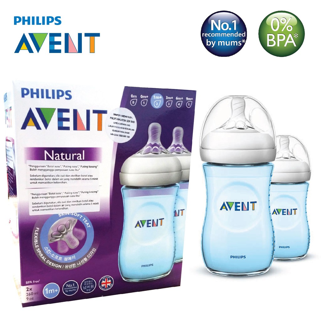 Philips Avent Natural 2.0 Bottle (Blue) 260ML/9OZ (Twin Pack)[SCF695/23 ...