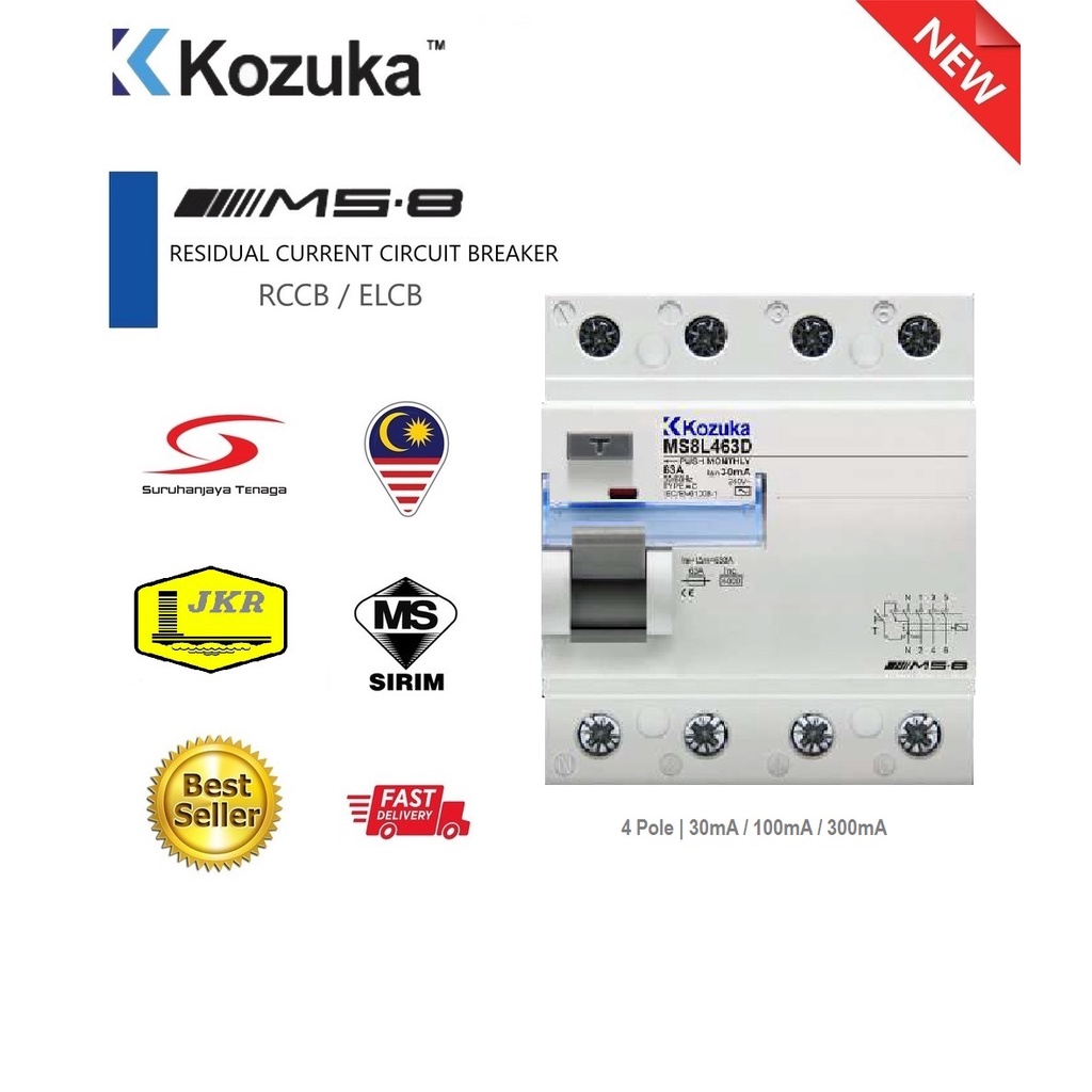 KOZUKA MS8 4P RCCB / ELCB RESIDUAL CURRENT CIRCUIT BREAKER 40A 63A / 30mA 100mA 300mA | 4 Pole ...