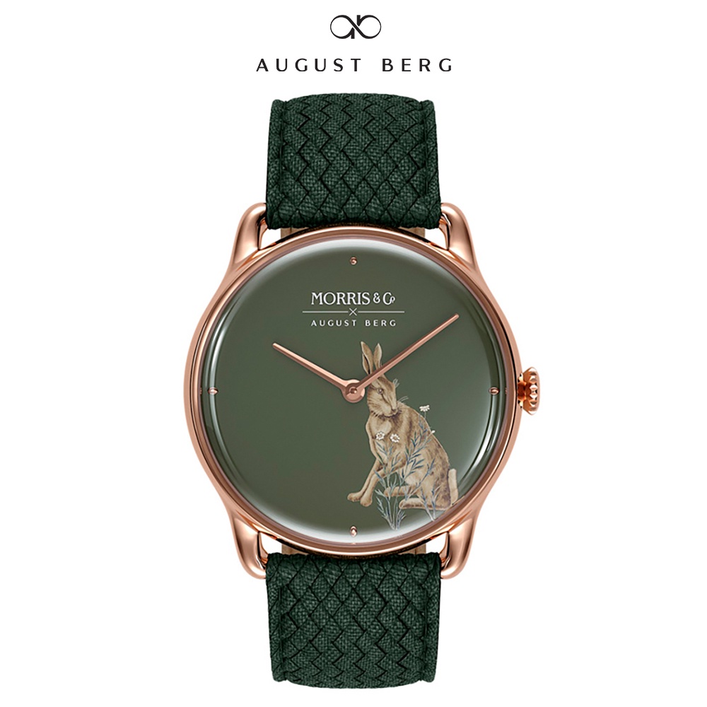 August Berg Morris n Co Rosegold Green Forest Hare Watch with Perlon ...