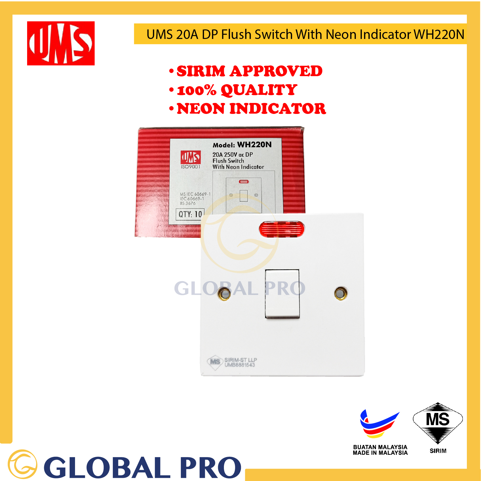 (1PCS) UMS 20A 250V AC DP Flush Switch With Neon Indicator Water Heater ...