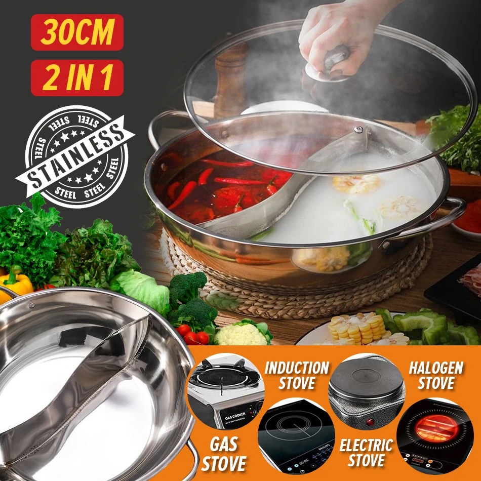 Mango_leong0123 [ 2 IN 1 ] 30CM Stainless Steel Kitchen Hotpot Cooker | Shopee Malaysia