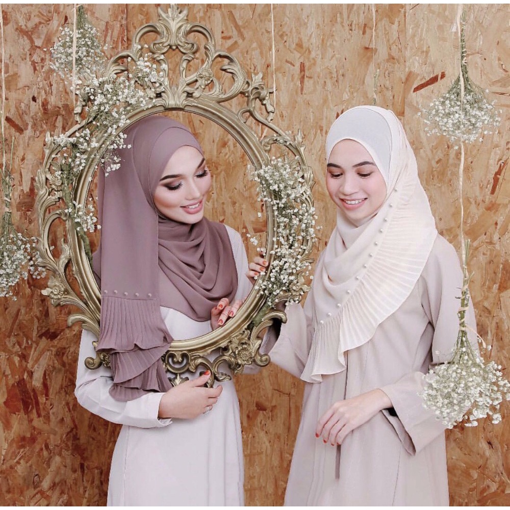 Zephia Pearl Half Pleated Chiffon Hijab Long Shawl Tudung Panjang ...
