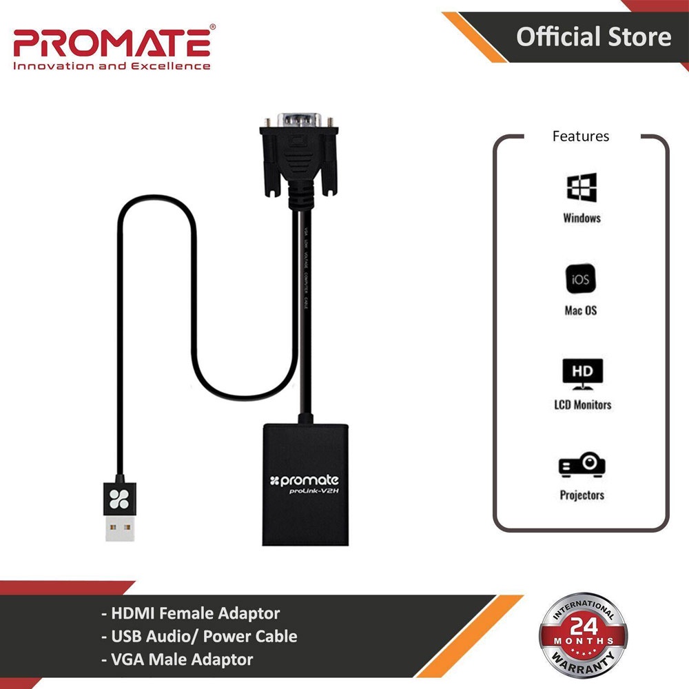 Promate VGA to HDMI Adapter Video Cable Converter Adapter Kit Plug and ...