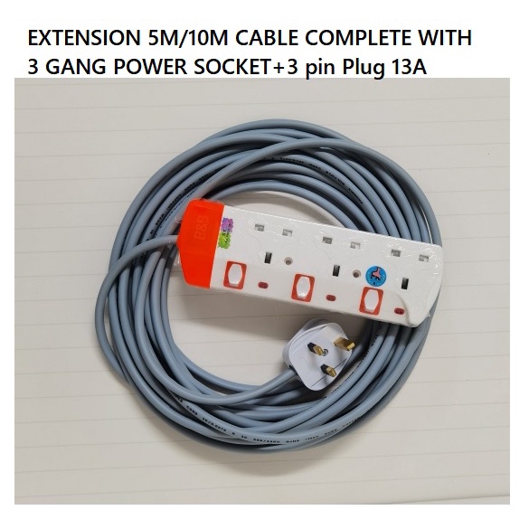 EXTENSION 5M/10M CABLE COMPLETE WITH 3 GANG POWER SOCKET+3 pin Plug 13A ...