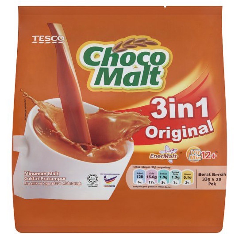 Tesco 3 in 1 Original Choco Malt Drink 20 x 33g | Shopee Malaysia