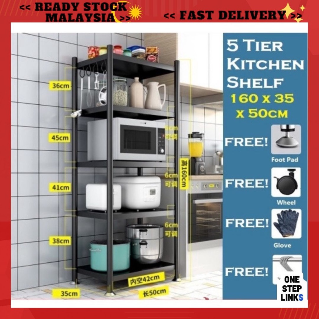 5 Tier Stainless Steel Storage Rack Kitchen Shelf Rak Dapur With Wheel ...