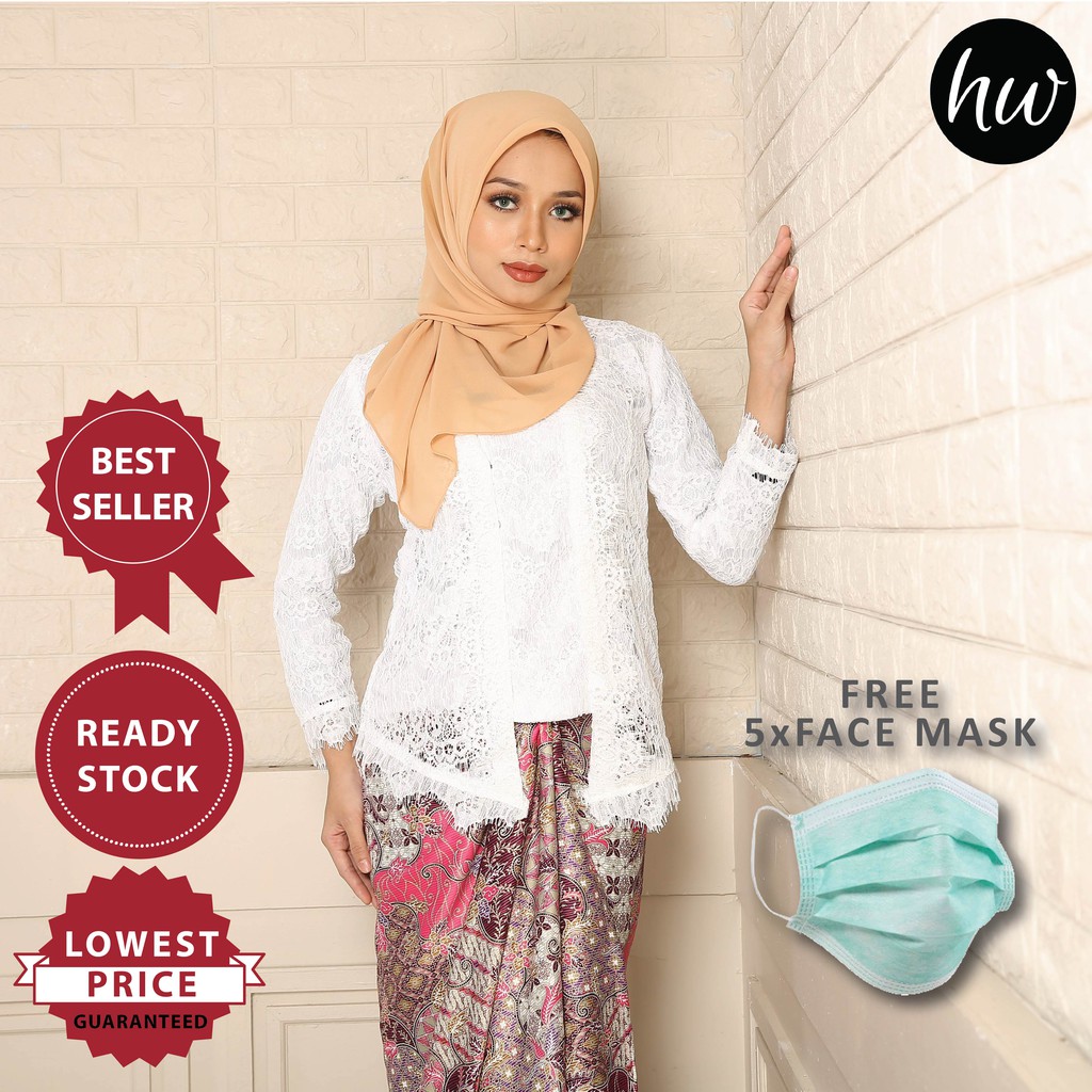 HAURA WEAR KEBAYA KOTA BARU BAJU KEBAYA LACE IN WHITE ONE SET WITH ...