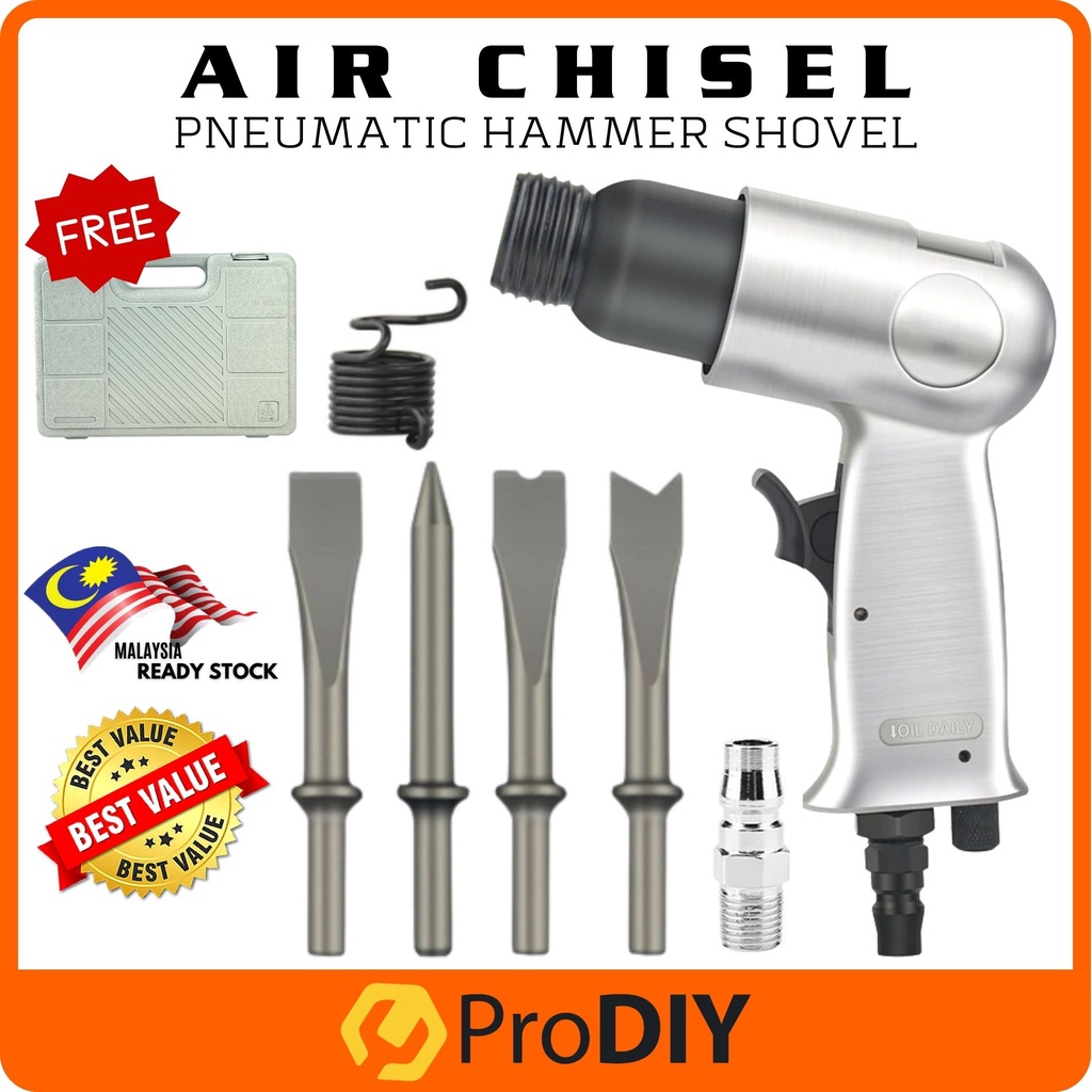 AIR CHISEL PNEUMATIC HAMMER SHOVEL SET WITH CASE 4 CHISEL HANDHELD HAND ...