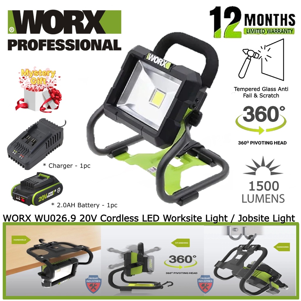 WORX WU026 20V Cordless LED Worksite Light / Jobsite Light 1500 LUMENS ...
