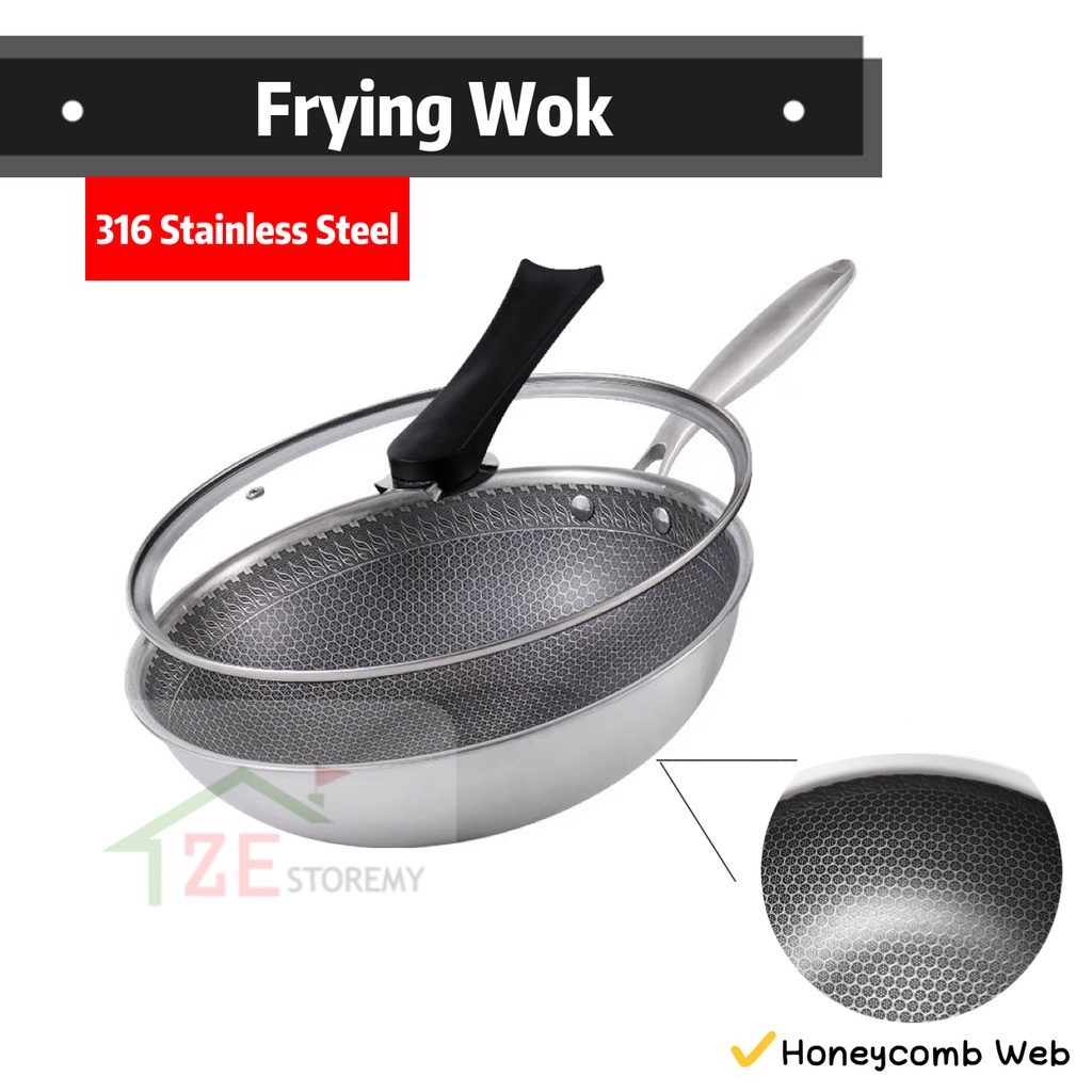 34cm Stainless Steel SUS 316 Cooking Wok Non-Stick Nano Honeycomb Web ...