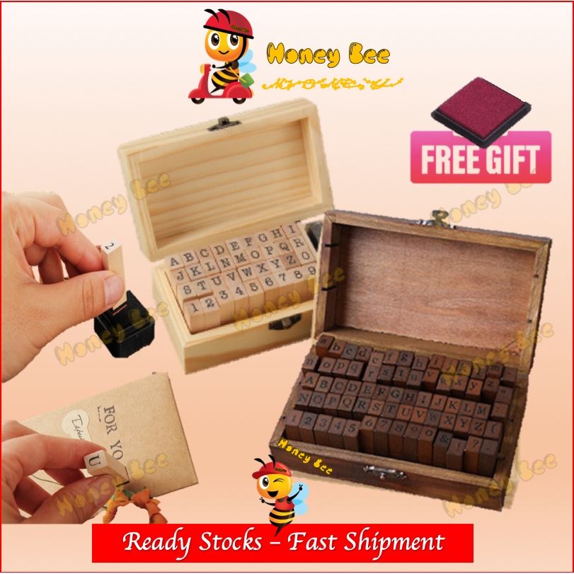 Alphabet Wooden Stamp Chop Set DIY Scrapbook Journal Gift Ink Pad ...