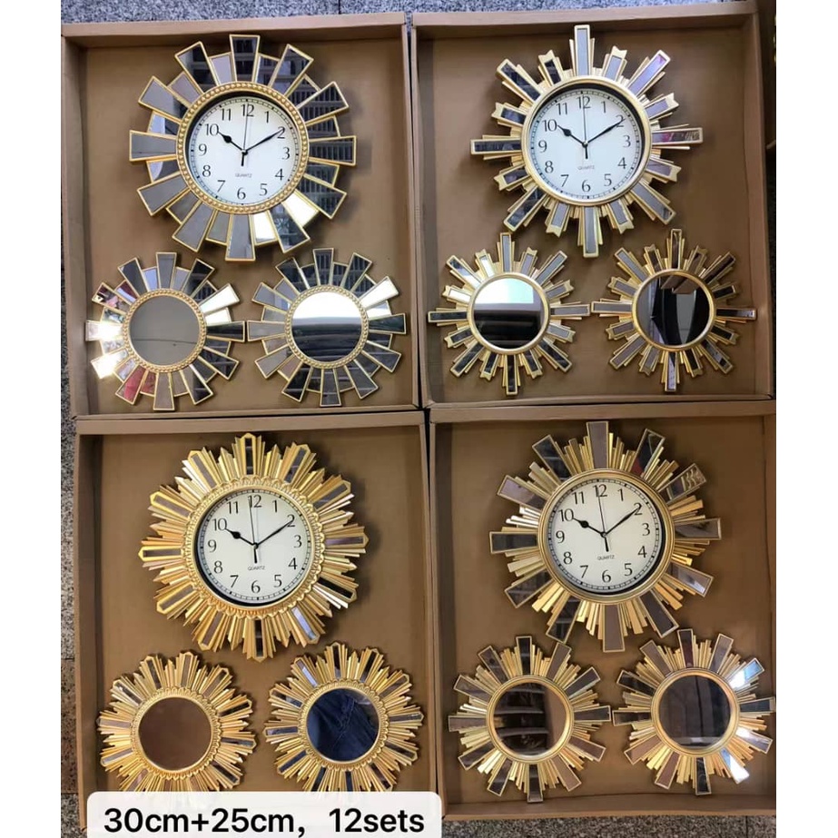 3 in 1 Wall Clock with Elegant Mirror in Gold Silver Jam Dinding Emas ...