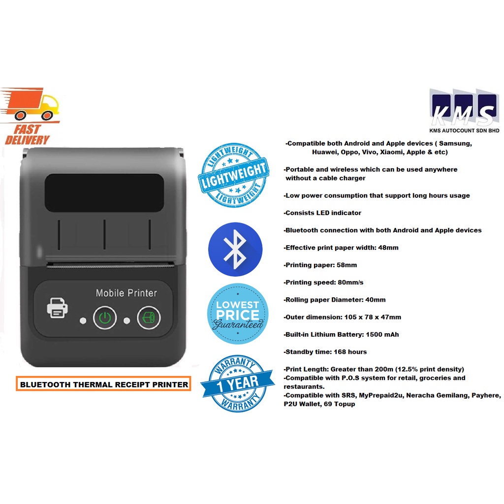 Wireless Bluetooth Thermal Printer 58mm Built-in battery SRS Topup ...