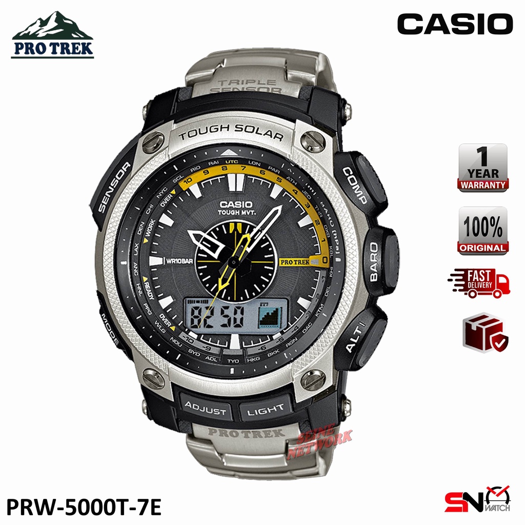 Casio Protrek PRW-5000T Tough Solar Triple Sensor Analog Digital Titanium Band Men Sport Watch ...