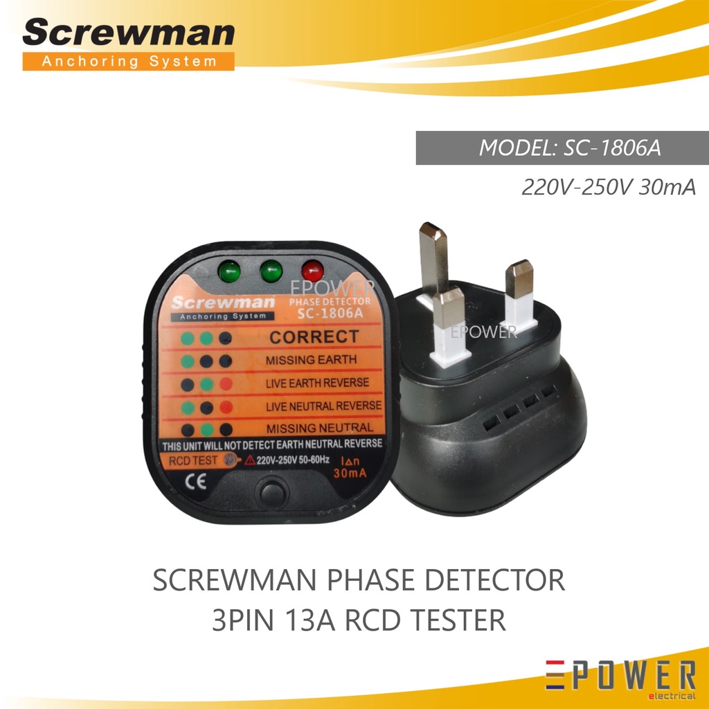 SCREWMAN PHASE DETECTOR 3PIN 13A RCD TESTER 30mA 220V SC-1806A | Shopee ...