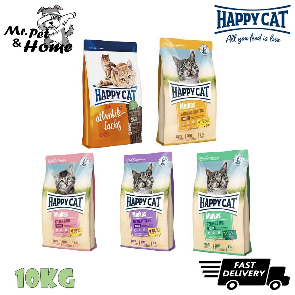 HAPPY CAT DRY FOOD 10KG [ATLANTIC SALMON, HAIRBALL CONTROL,KITTEN ...