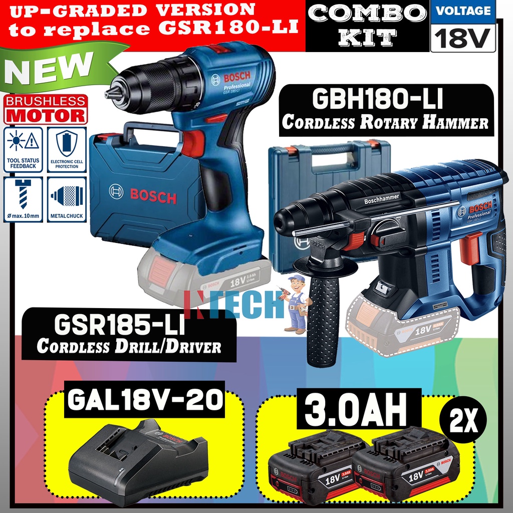 BOSCH COMBO 18V BRUSHLESS MOTOR GBH180-LI+GSR185-LI CORDLESS ROTARY ...