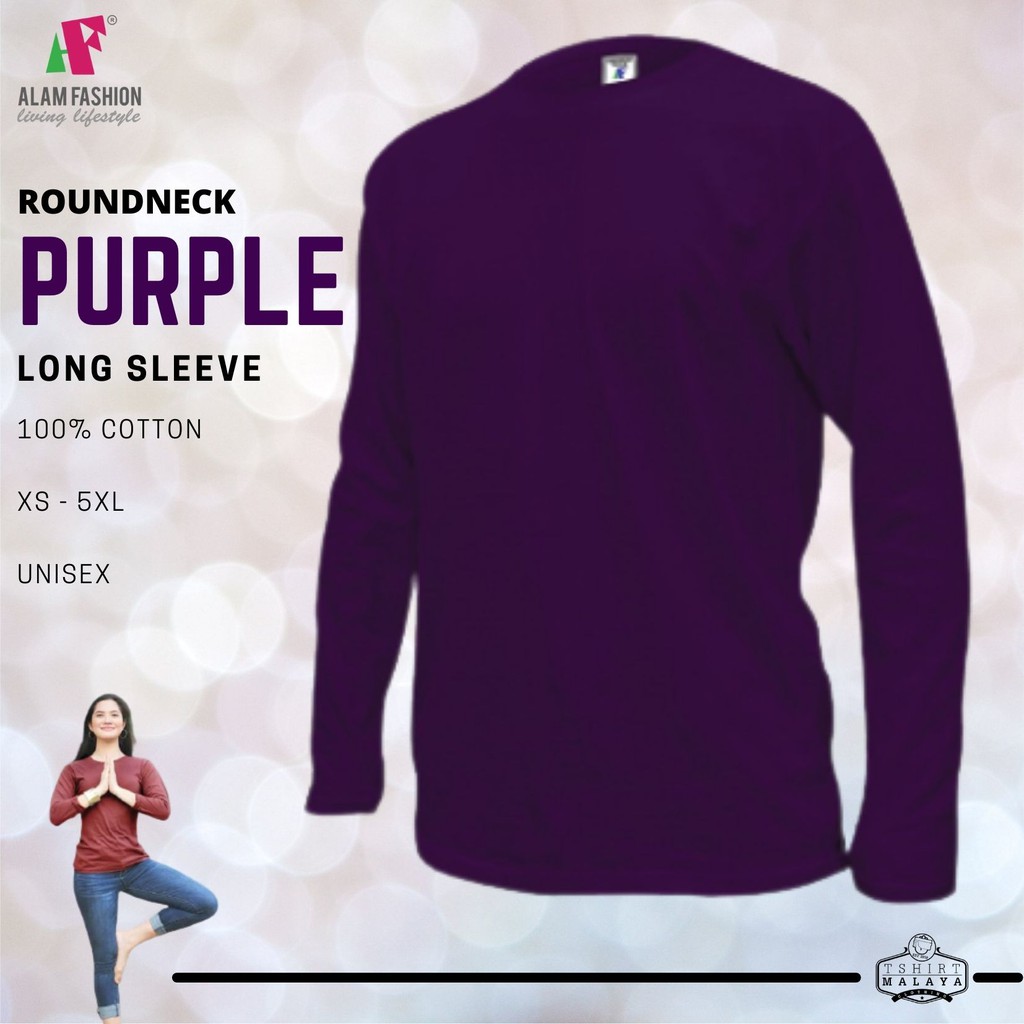 PURPLE UNGU long sleeve UNISEX plain tshirt round neck BAJU KOSONG 100% ...