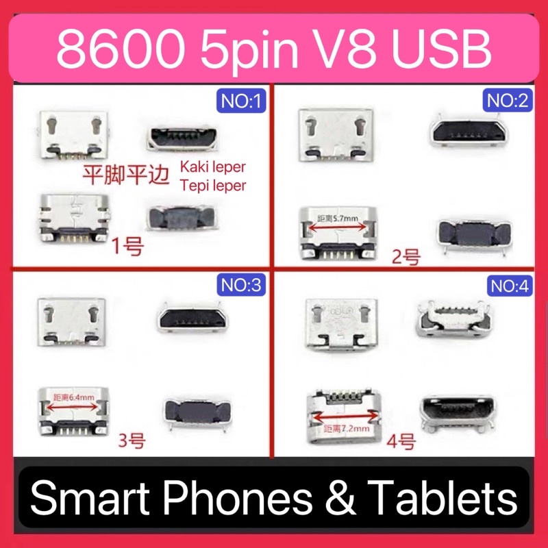 8600 Micro 5pin V8 USB Plug In Charging Charger Port For Phones ...