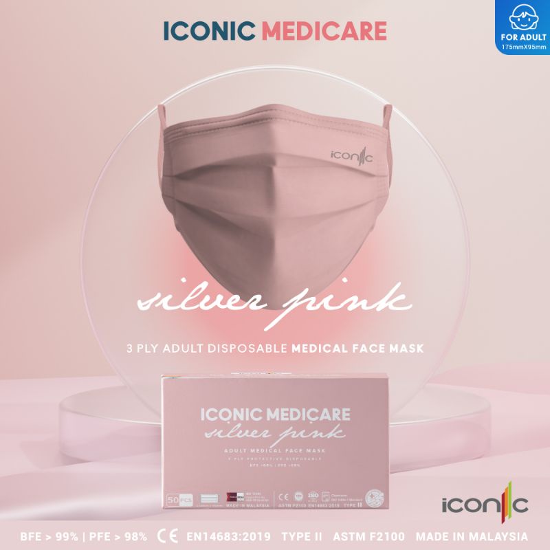 ICONIC MEDICARE [SILVER PINK] 3PLY MEDICAL DISPOSABLE FACE MASK (50PCS ...