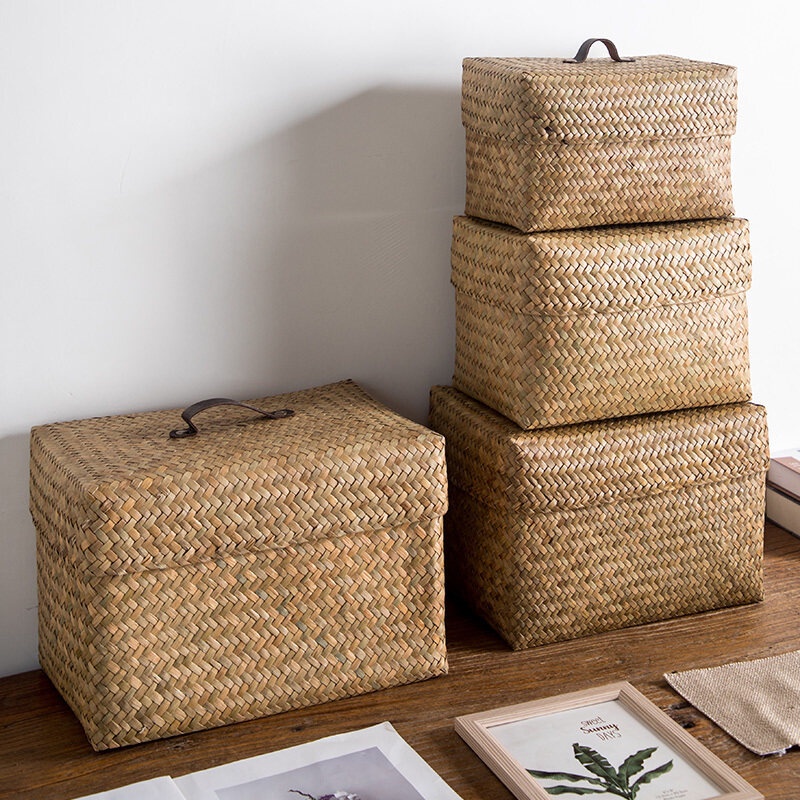 Shelf Baskets with Lid Handwoven Seagrass Storage Box Wicker Basket ...