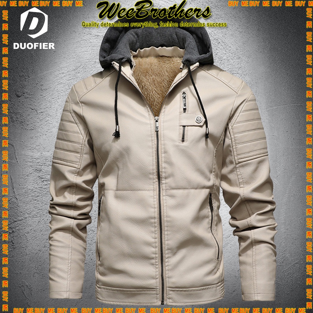 Motor Leather Jacket Men Cafe Racer Hooded Coats Male Solid Clothing ...