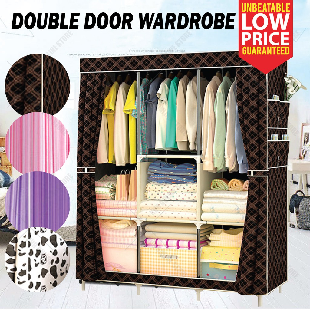 Double Door Fabric Cloth Wardrobe Closet Clothes Organizer Storage ...