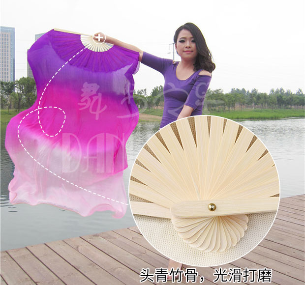 Silk long fan belly dance double fan color long silk fan extended dance ...
