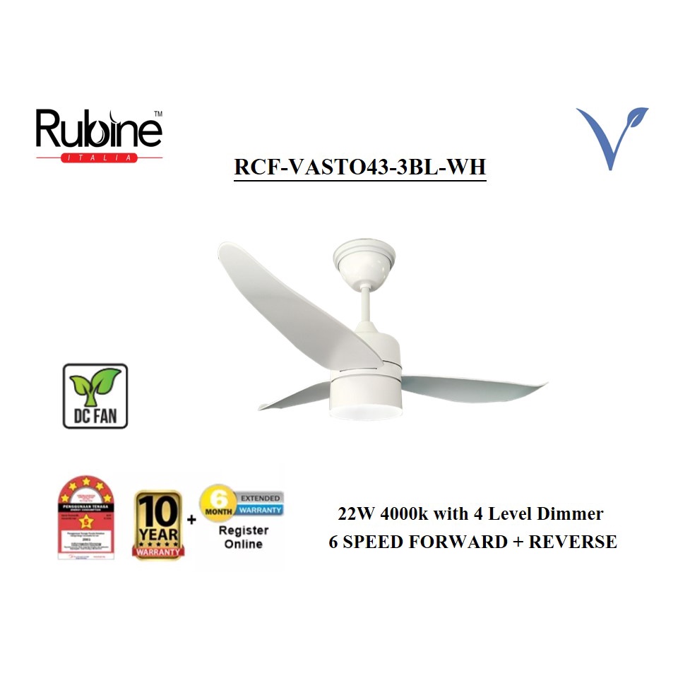 RUBINE RCF-VASTO43-3BL-WH DC FAN CEILING FAN WITH LED LIGTH | Shopee Malaysia