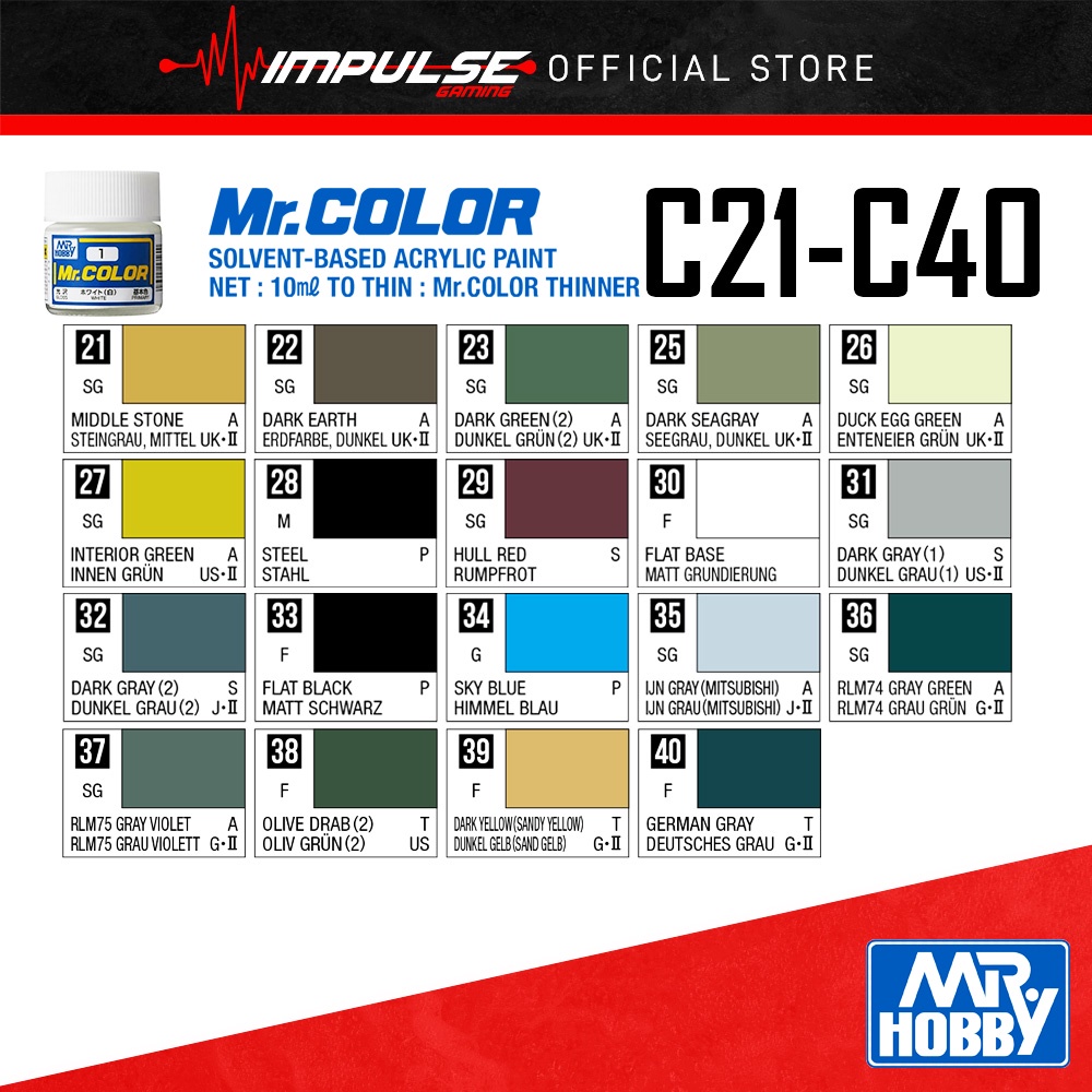Mr Hobby C21 - C40 Mr Color Stone Earth Green Seagray Steel Hull Red ...