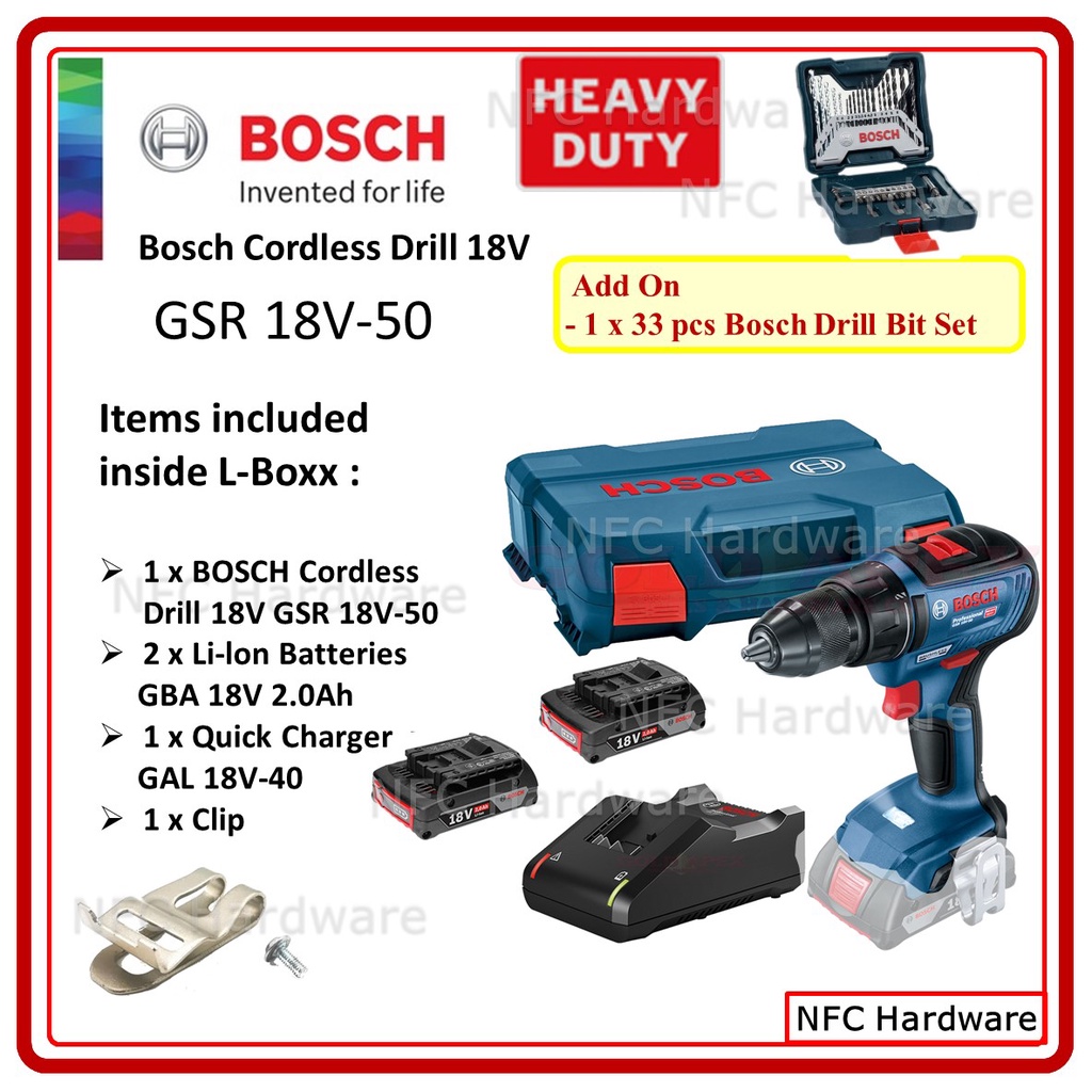 BOSCH GSR 18V-50 Cordless Drill 18V Set (Brushless Motor) | Shopee Malaysia