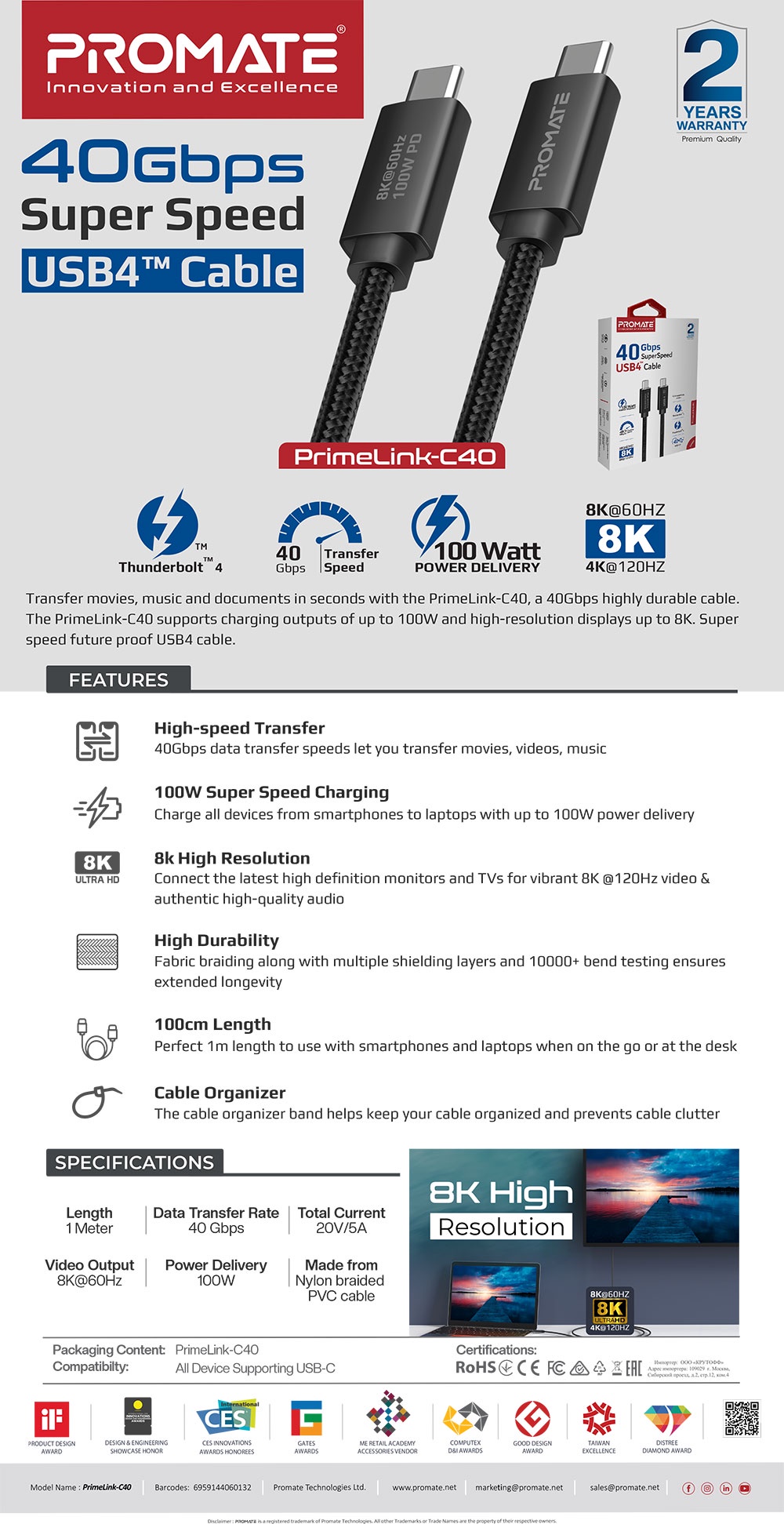 Promate USB-C™ Thunderbolt 4 USB4 100W Ultra HD 8k High-Speed 40Gbps Charge Data Cable for ...