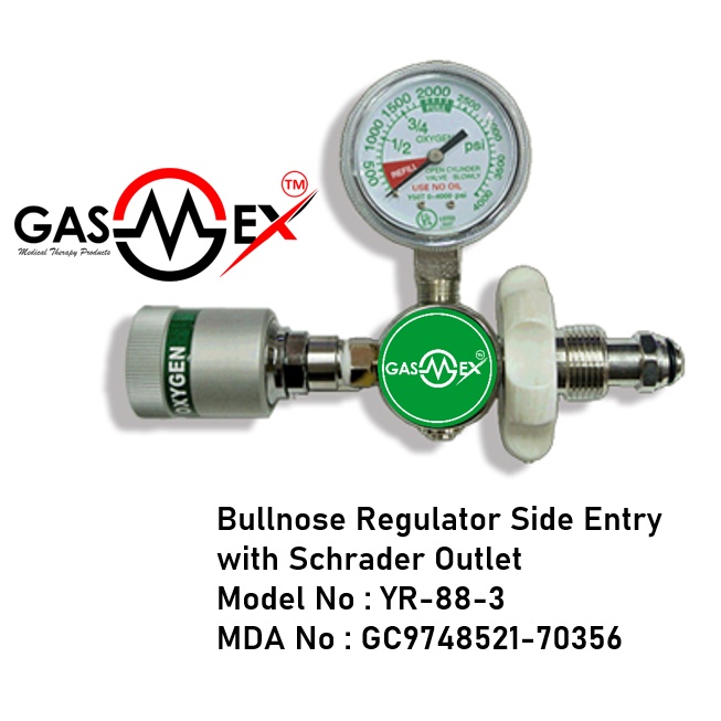BULLNOSE REGULATOR FOR MEDICAL OXYGEN SIDE ENTRY WITH SCHRADER OUTLET ...