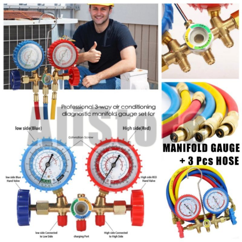 ALi Manifold Gauge R134a R32 R410a R22 R12 R404a Gas Meter + 3 Pcs Hose Aircond Penyaman Udara ...