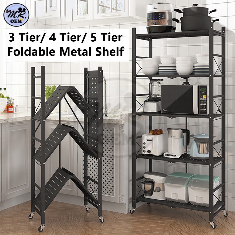 MR OEM 3/ 4/ 5 Tier Foldable Metal Shelf With Wheels Rak Kabinet Dapur ...