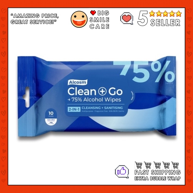 Alcosm 75% Classic Alcohol Wet Wipes/Wet Tissue (10 Wipes) | Shopee ...