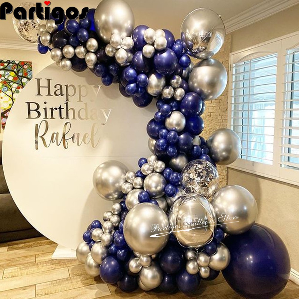96pcs Luminous Blue Balloons Garland Arch With Silver Chrome Latex ...