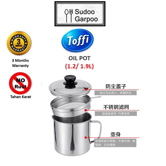 TOFFI~ Oil Filter Container Pot Stainless Steel/ Bekas Penapis Minyak ...