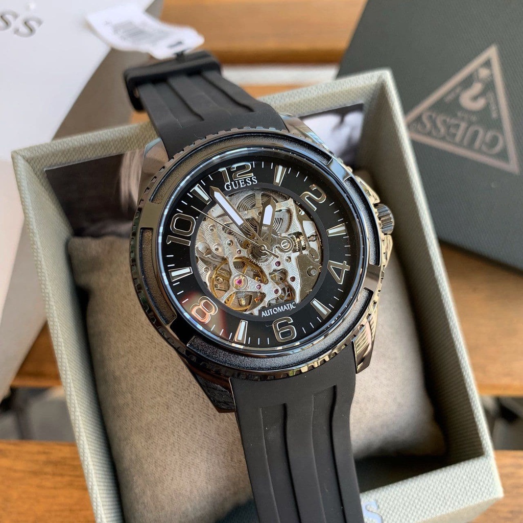 100% Original Guess Men Black Skeleton Analogue W1178G2 | Shopee Malaysia