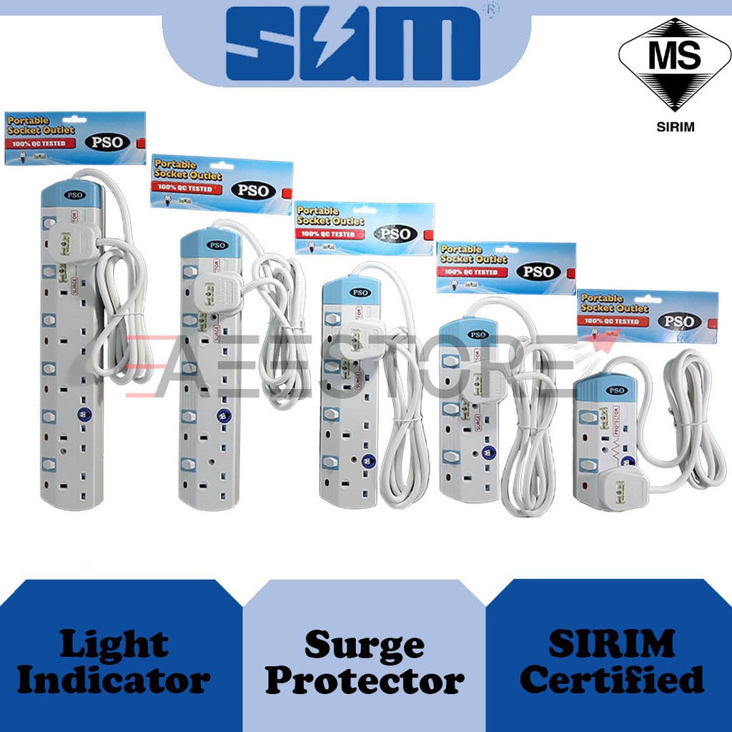 Sirim Pso 2 3 4 5 6 Way Surge Protector Portable Extension Trailing Socket 2m Extantion