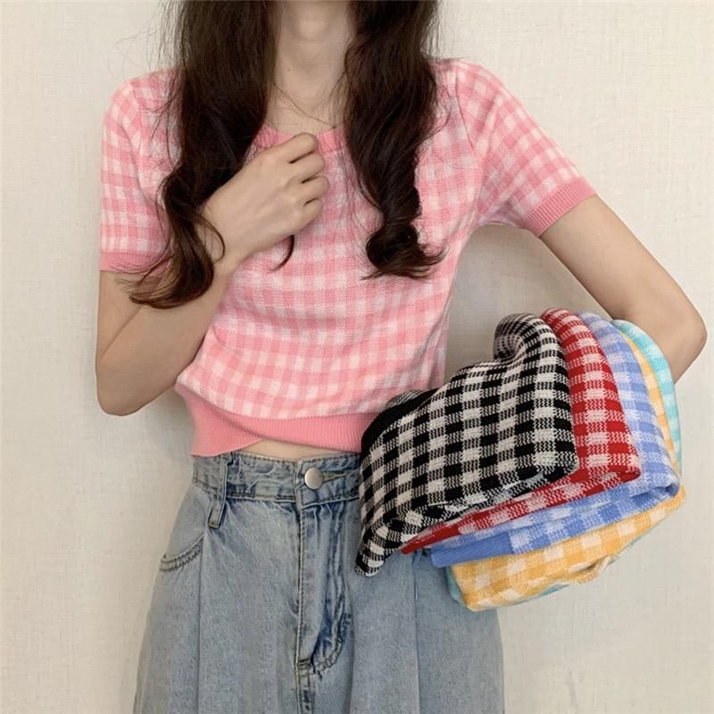 New Korean Fashion Women Blouse Top Round Neck Short Sleeve Plaid