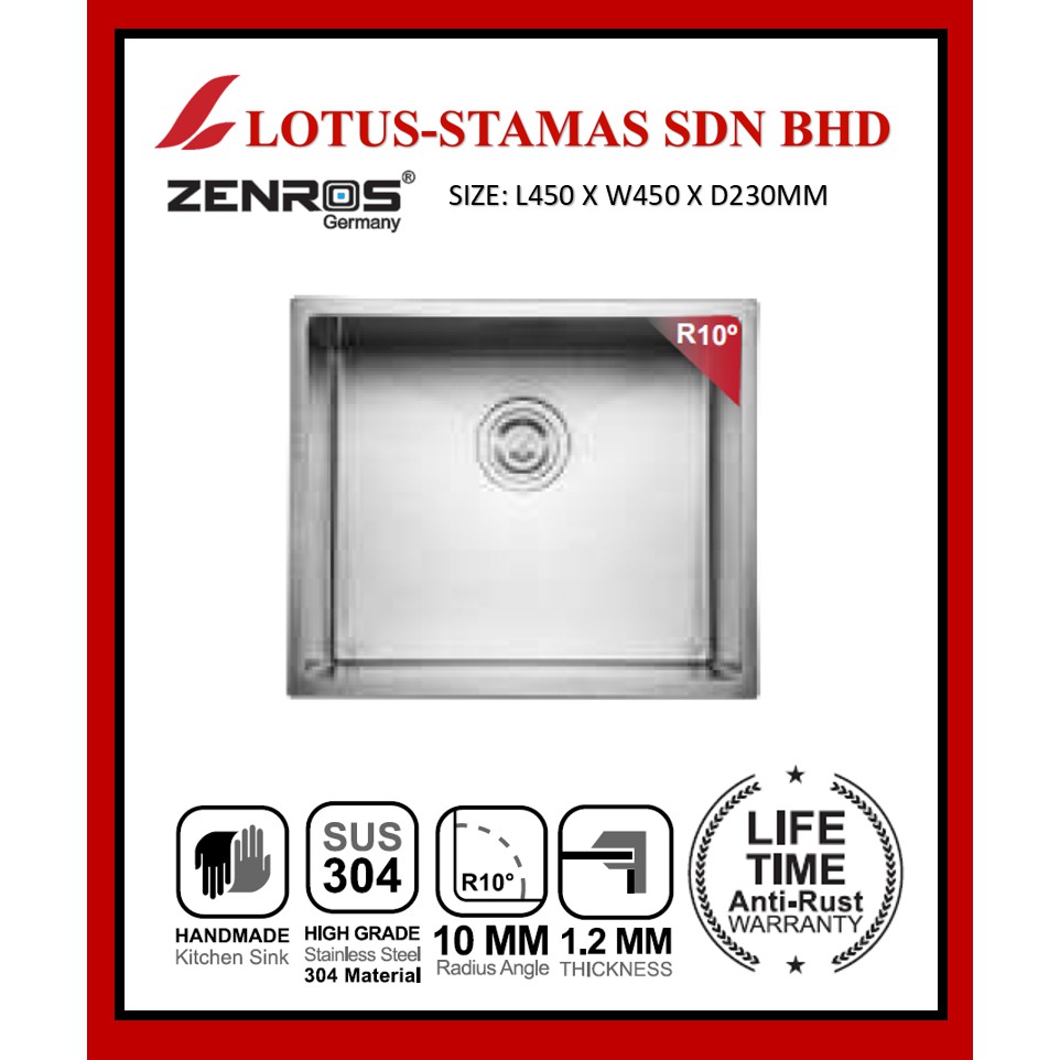 ZENROS ZEN-SB-4545-ST SUS304 STAINLESS STEEL KITCHEN SINK COMPLETE WITH ...
