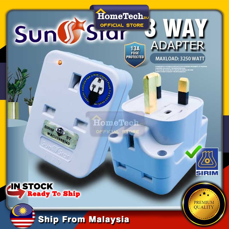 Sunstar 3 Way Adapter 13A Extension Plug 3 Socket 1 to 3 Extension ...