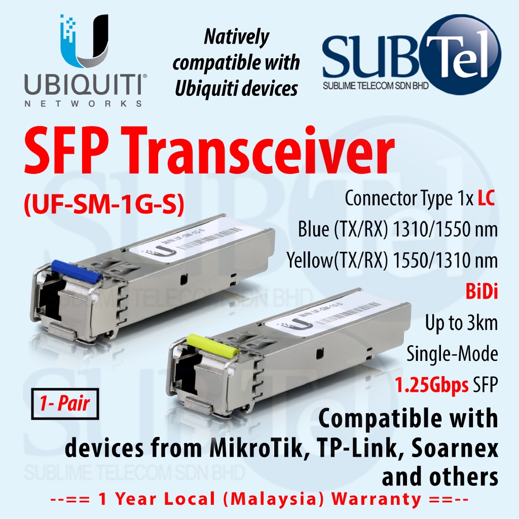 Ubiquiti SFP Transceiver UF-SM-1G-S 1.25Gbps 3 km Fiber Module, Single ...