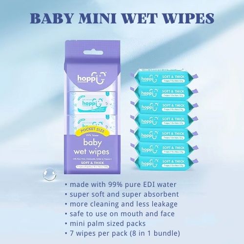 Hoppi Premium 99% Baby Mini Wet Wipes - 8 In 1 bundle ( 7 wipes per ...