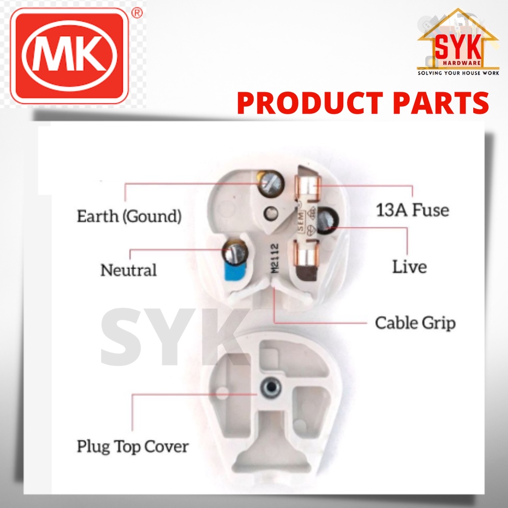 SYK MK 646 WHI 13A Heavy Duty 3 Pin Bakelite Fused Top Plug Kepala Plug ...