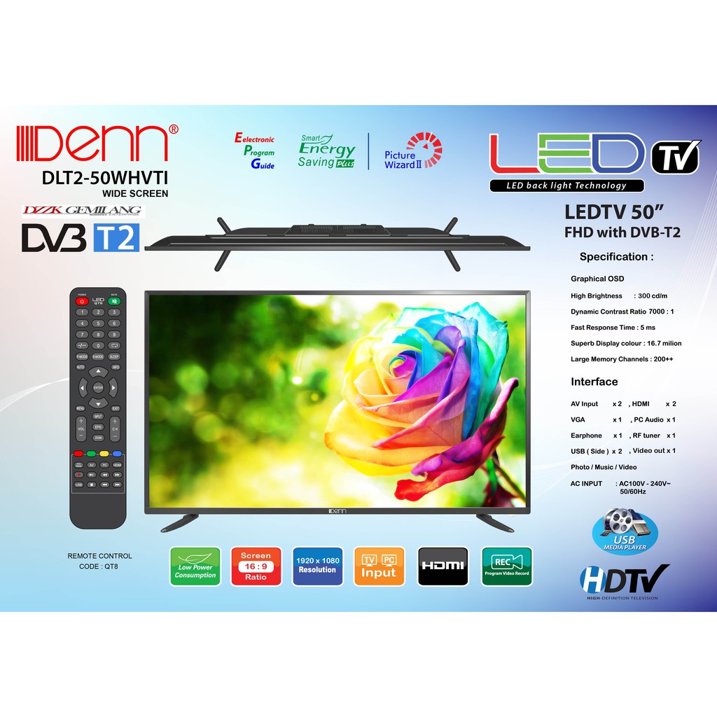 (NEW) 50" DENN Led TV FHD 50-inch DLT2-50WHVTI DVB-T2 Receiver MYTV ...