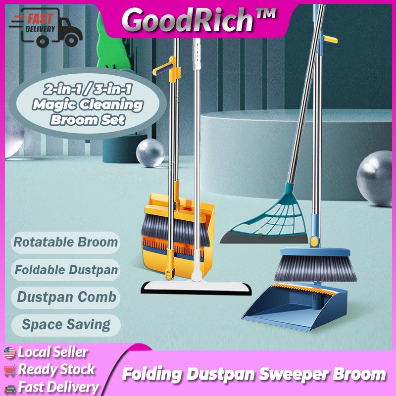 2 in 1 Rotatable Broom & Folding Upright Standing Dustpan Combination Set Penyapu dan Penyodok ...
