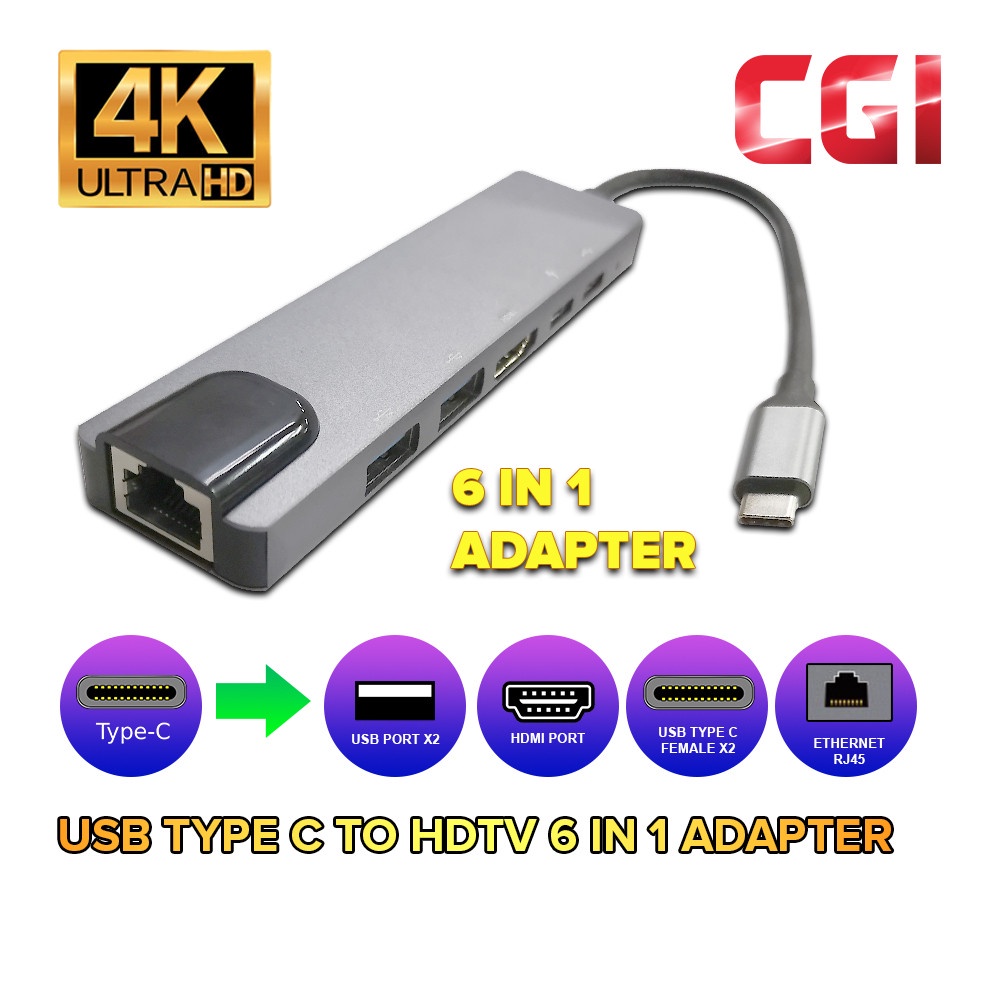 Type C 6 in 1 USB C Hub 4K HDMI RJ45 Adapter Dongle USB 3.0 Port(USB C ...